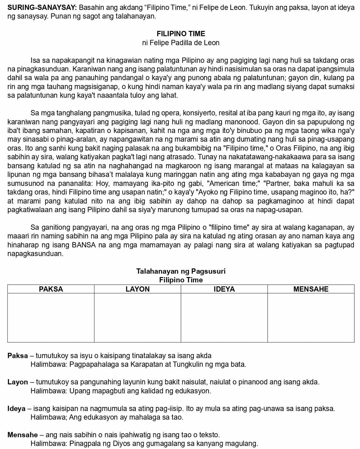 Solved: SURING-SANAYSAY: Basahin ang akdang “Filipino Time,” ni Felipe ...