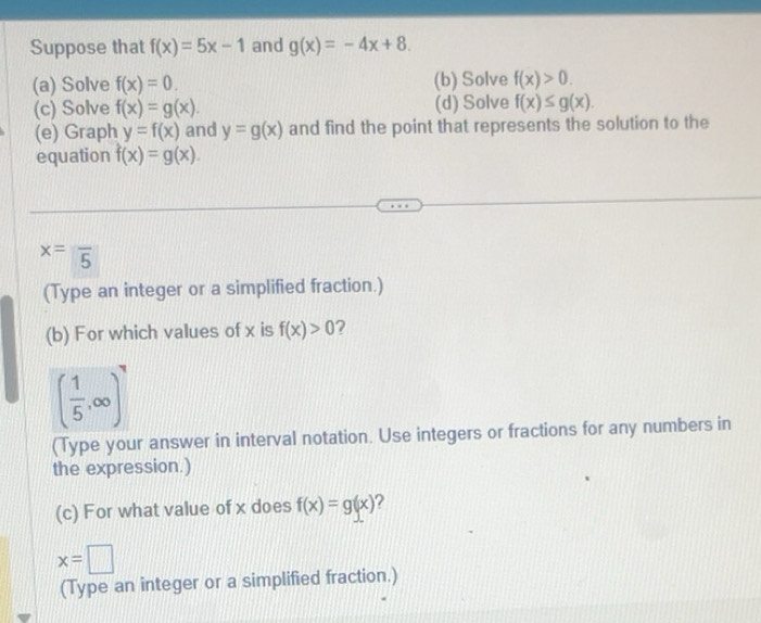 Solved: Suppose that f(x)=5x-1 and g(x)=-4x+8. (a) Solve f(x)=0. (b ...