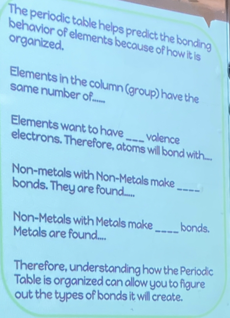 Solved: The periodic table helps predict the bonding behavior of ...