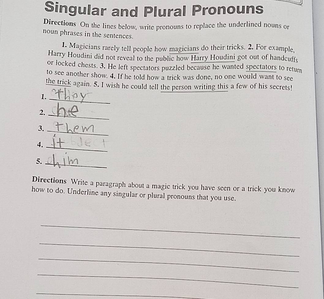 Gelöst:Singular and Plural Pronouns Directions On the lines below ...