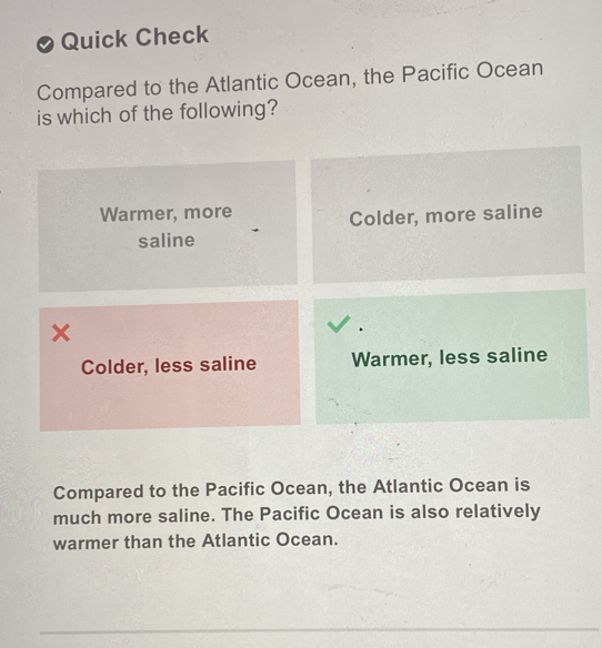 Solved: Quick Check Compared to the Atlantic Ocean, the Pacific Ocean ...
