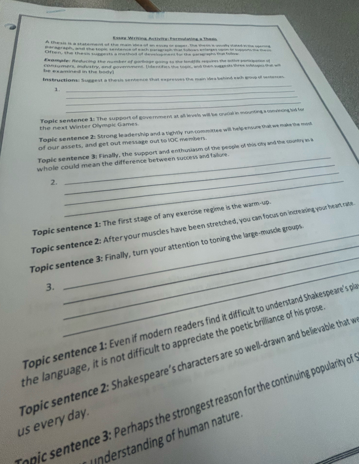 Solved: Essay Writing Activity: Formulating a Thesis A thesis is a ...