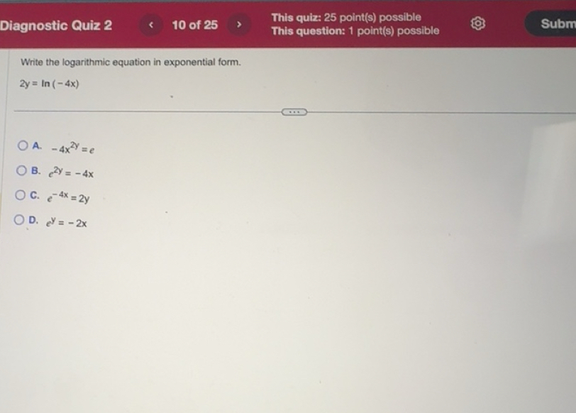 Solved: This quiz: 25 point(s) possible Diagnostic Quiz 2 10 of 25 This ...