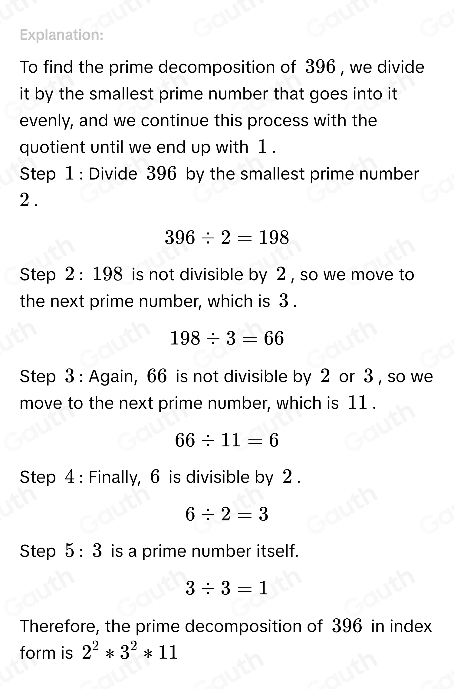 Solved: Write the prime decomposition of 396 in index form [Math]