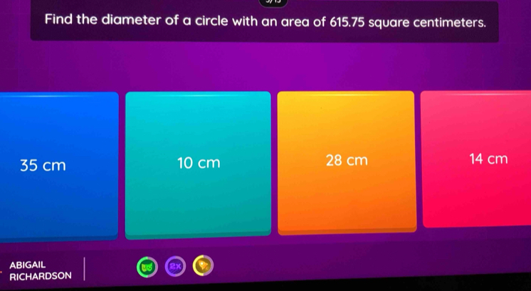 Solved: Find the diameter of a circle with an area of 615.75 square ...