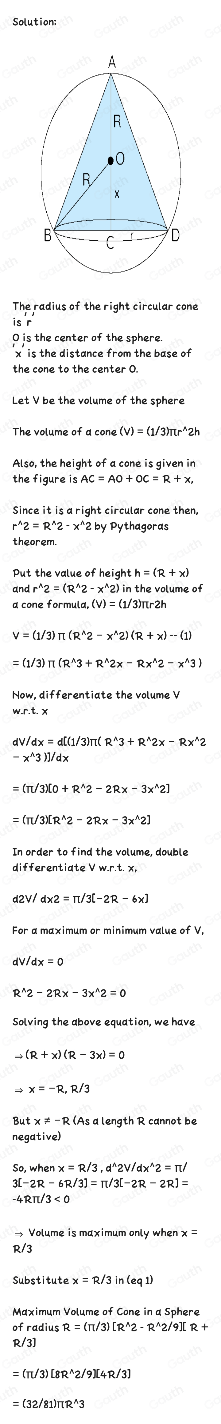 Solved: A right circular cone of radius r is inscribed in a sphere with ...