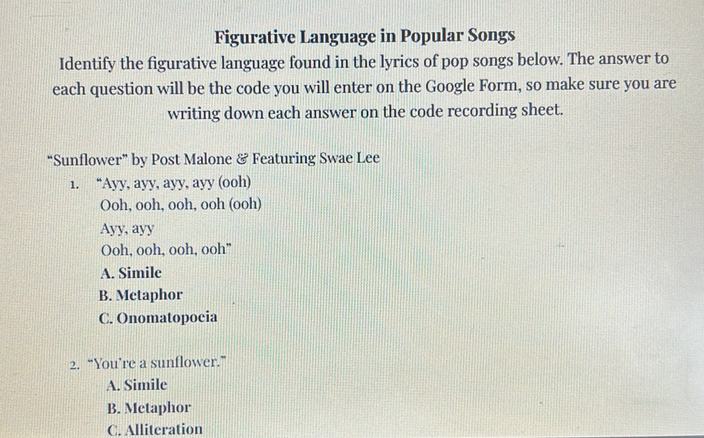 Solved: Figurative Language in Popular Songs Identify the figurative ...