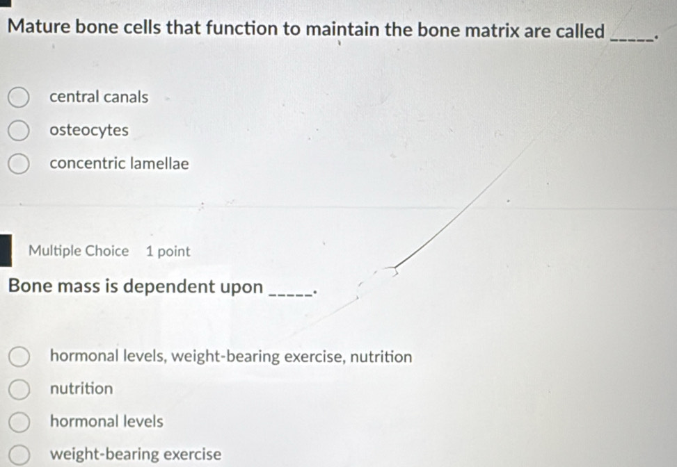 Solved: Mature bone cells that function to maintain the bone matrix are called _. central canals ...