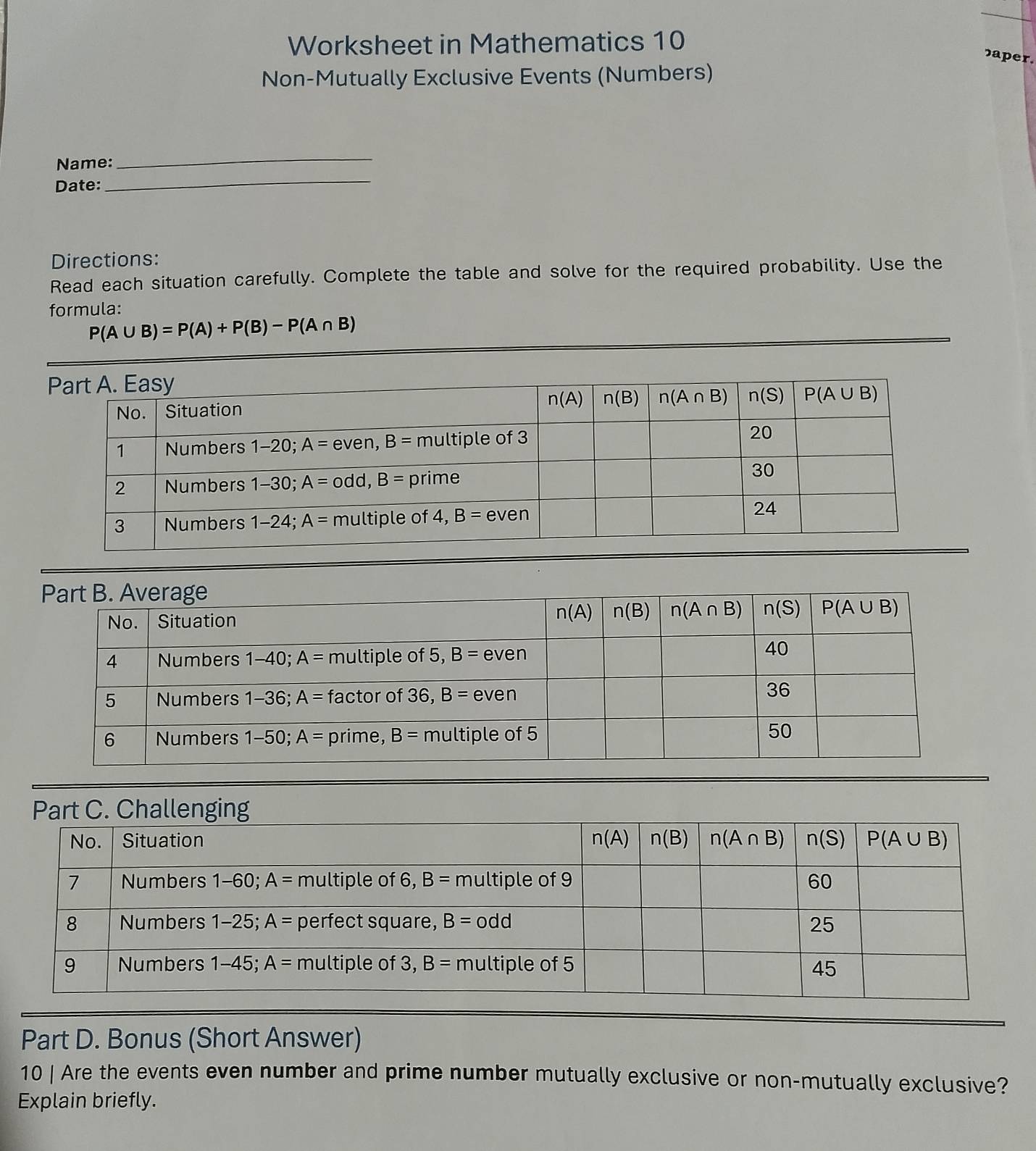 Solved: Worksheet in Mathematics 10 aper. Non-Mutually Exclusive Events ...