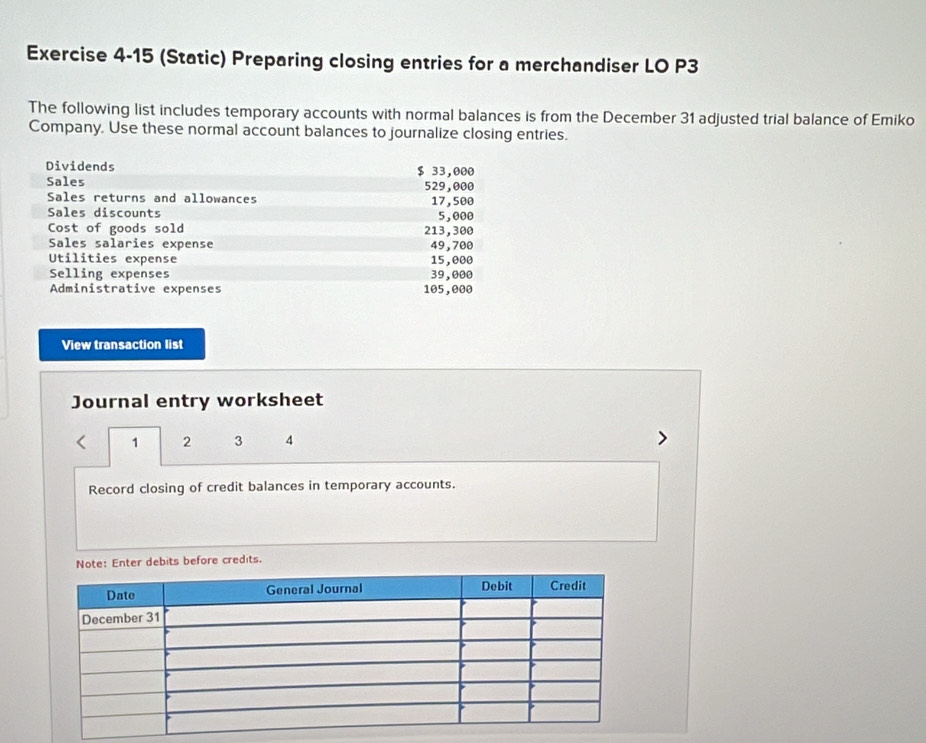 Solved: (Static) Preparing closing entries for a merchandiser LO P3 The ...