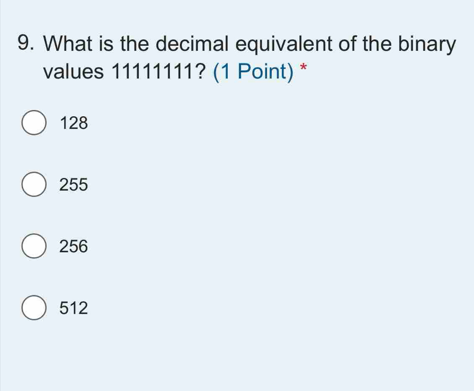 Solved: What is the decimal equivalent of the binary values 11111111? (1 Point) * 128 255 256 ...