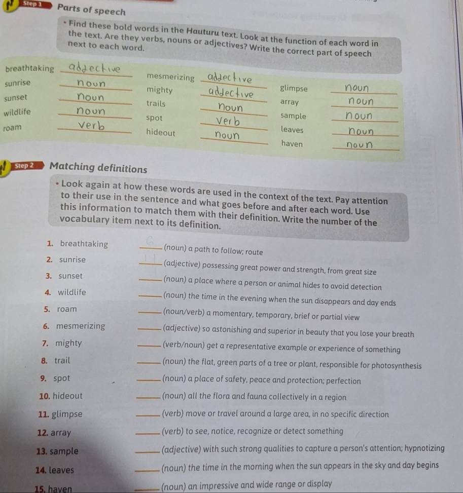 Resuelto:Parts of speech Find these bold words in the Hauturu text ...