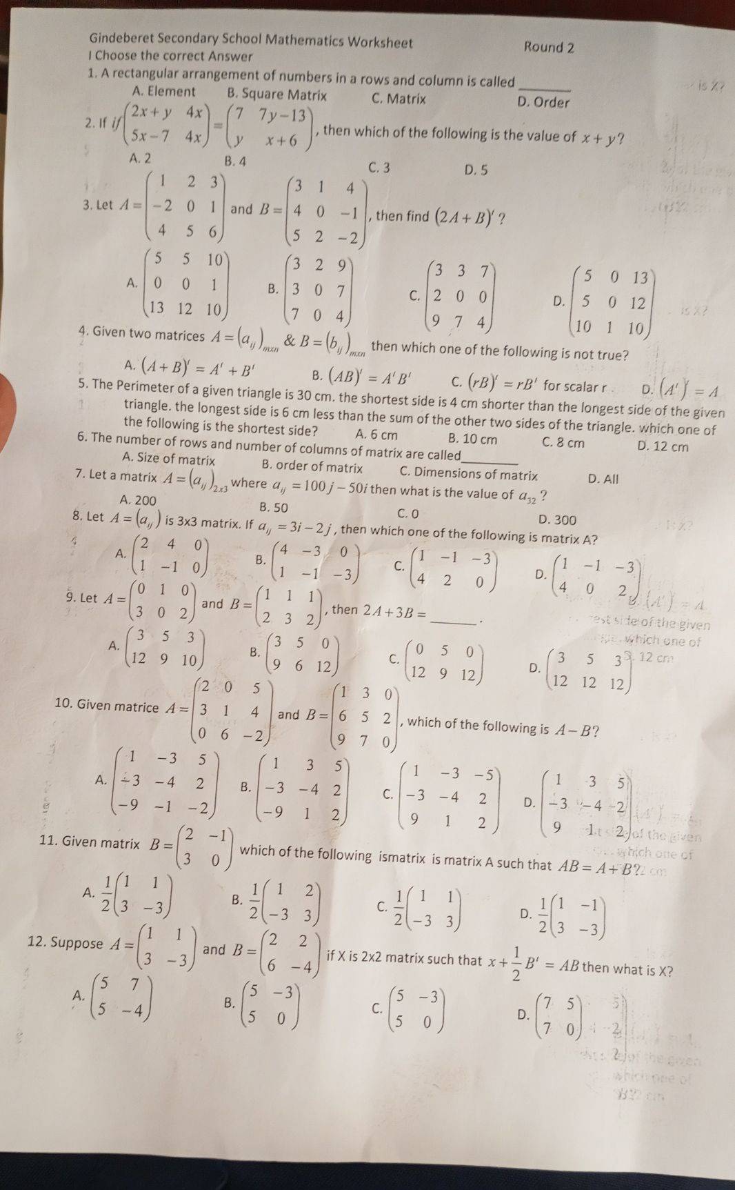 Gelöst:Gindeberet Secondary School Mathematics Worksheet Round 2 I ...