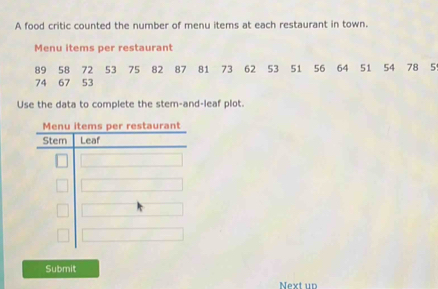 Solved: A food critic counted the number of menu items at each ...