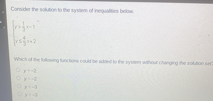 Solved: Consider the solution to the system of inequalities below. beginarrayl y> 1/3 x-1 y≤ 4/3 ...