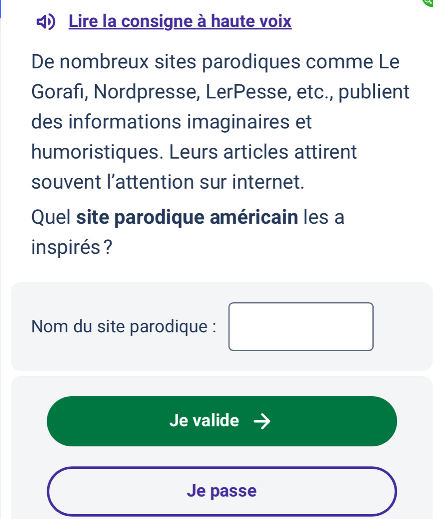 Résolu :Lire la consigne à haute voix De nombreux sites parodiques ...