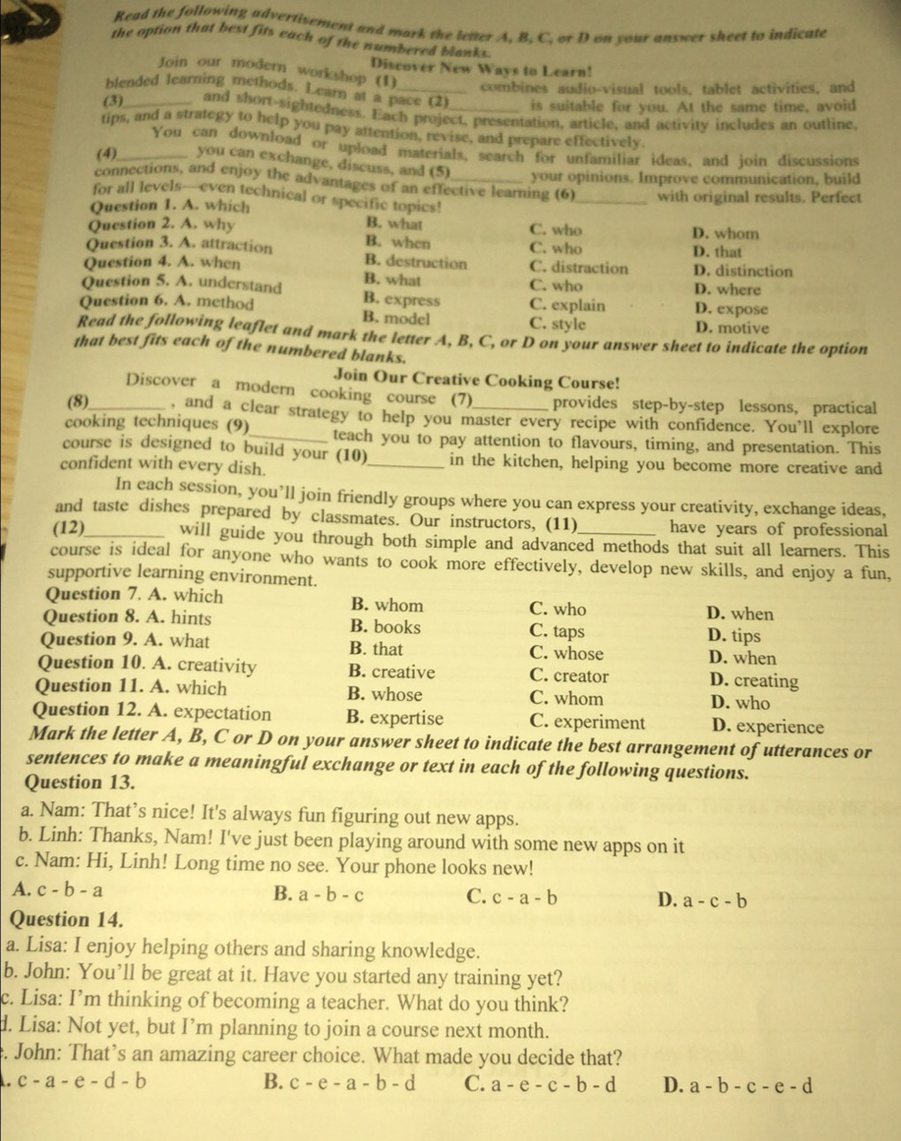 Giải quyết:Read the following advertisement and mark the letter A. B. C ...