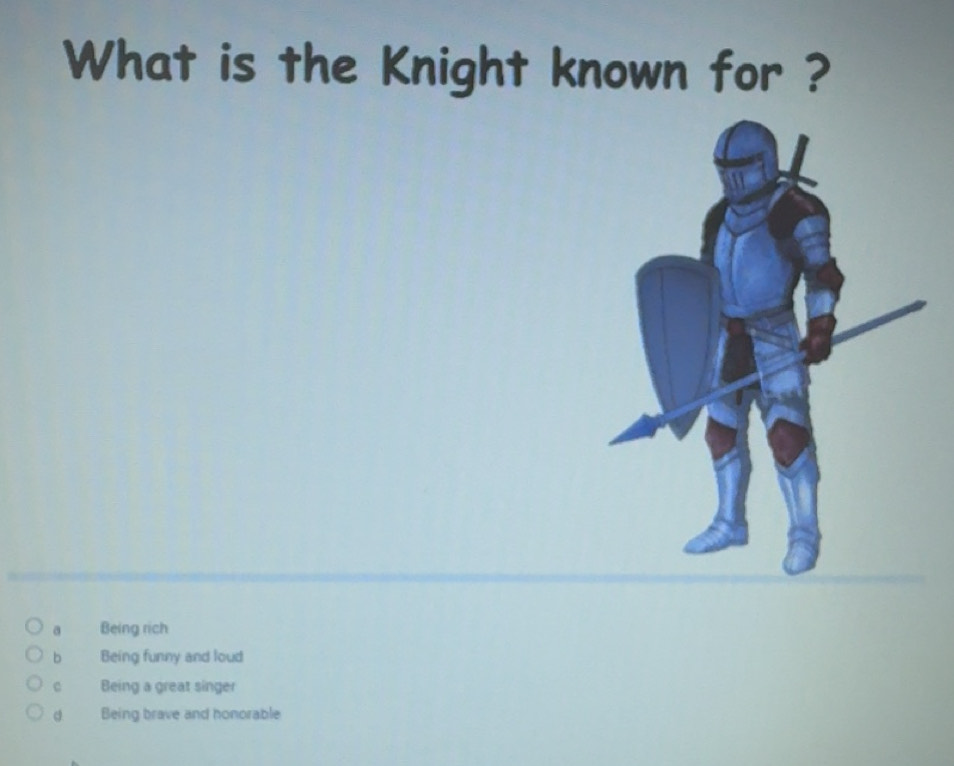 Solved: What is the Knight known for ? a Being rich b Being funny and ...