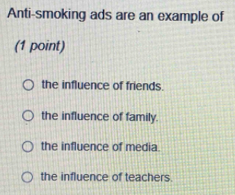 Solved: Anti-smoking ads are an example of (1 point) the influence of ...