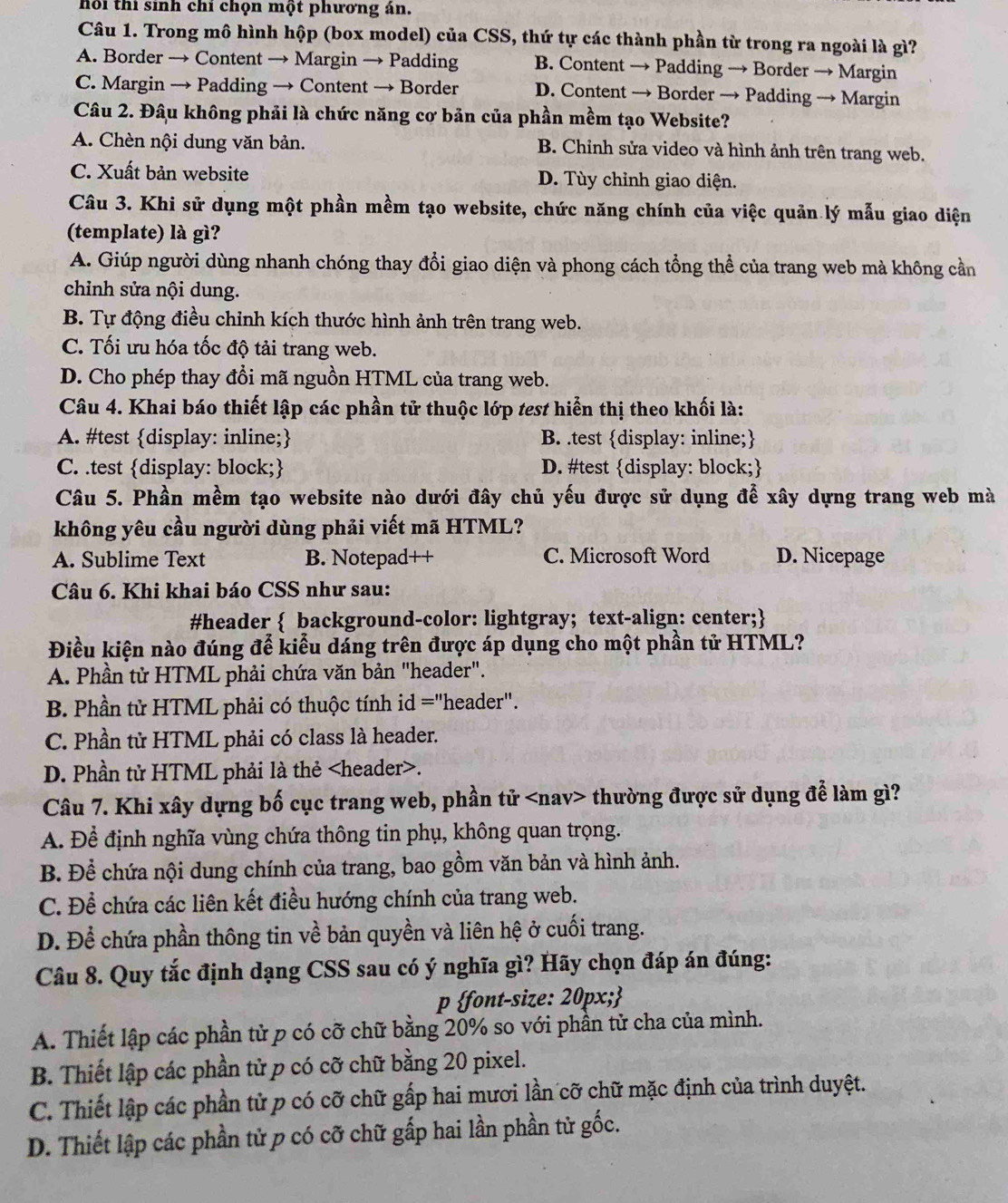 Giải quyết:hội thi sinh chỉ chọn một phương án. Câu 1. Trong mô hình ...