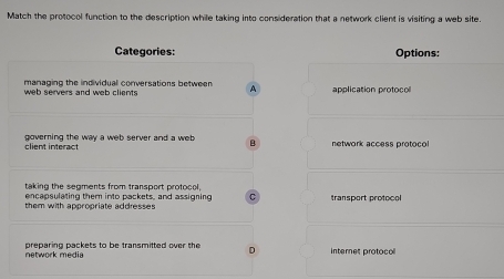 Solved: Match the protocol function to the description while taking into consideration that a ...