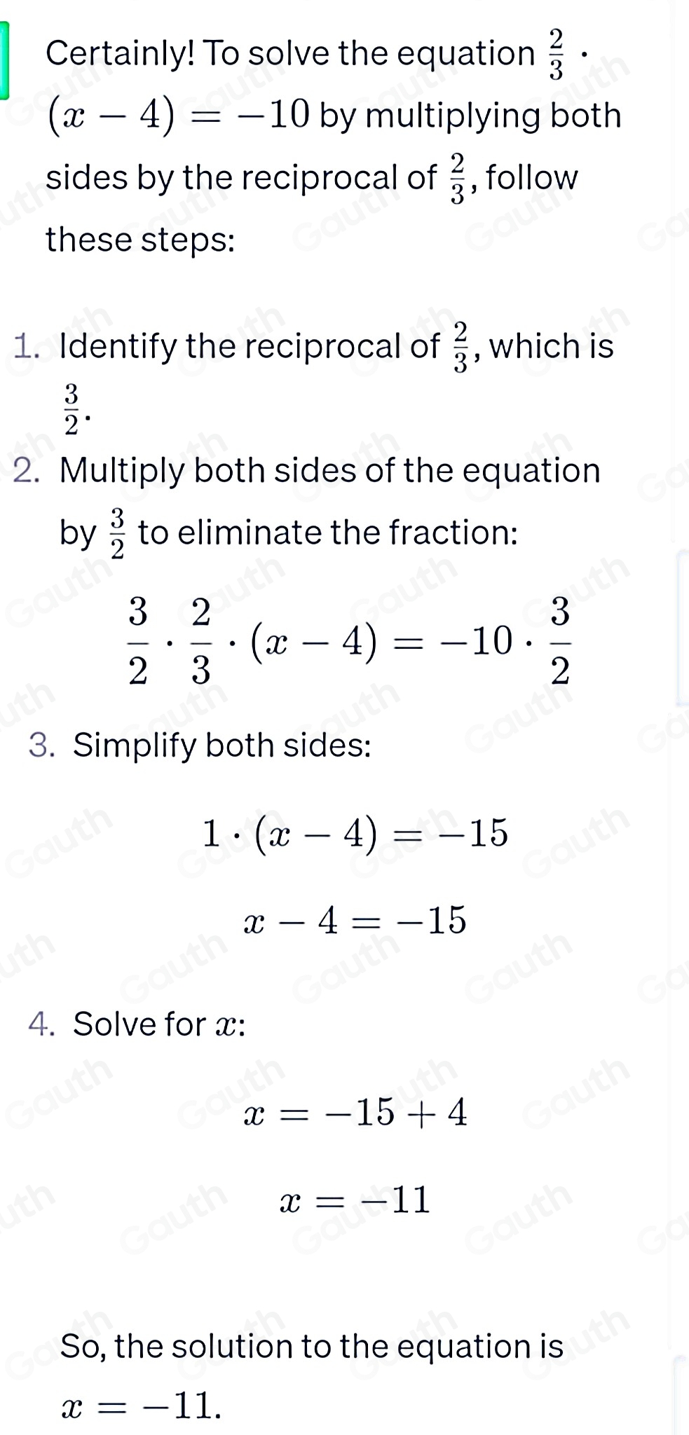 Solved: To solve the equation 2/3 (x-4)=-10 , Izzy wants to multiply ...