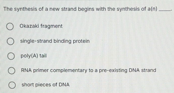 Solved: The synthesis of a new strand begins with the synthesis of a(n ...
