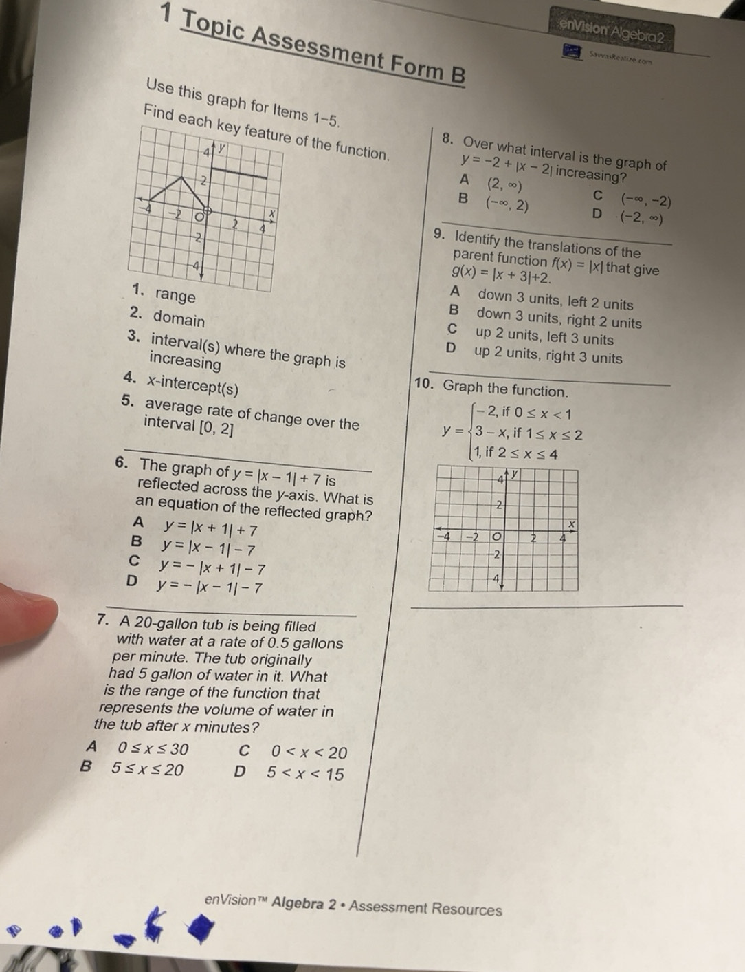Solved: enVision Algebra2 1 Topic Assessment Form B SavvasReatize com ...
