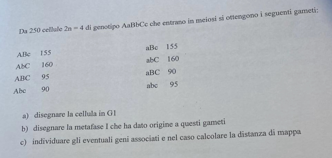 Risolto:Da 250 cellule 2n=4d i genotipo AaBbCc che entrano in meiosi si ...