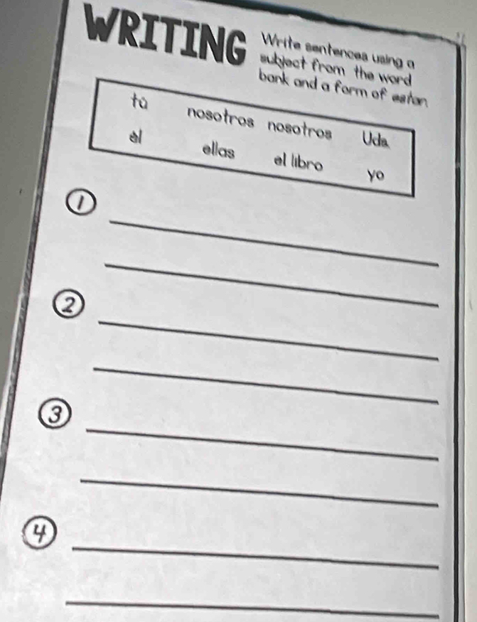 Solved: WRITING subject from the word Write sentences using a bank and ...