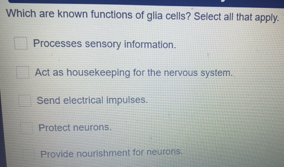 Solved: Which are known functions of glia cells? Select all that apply. Processes sensory ...