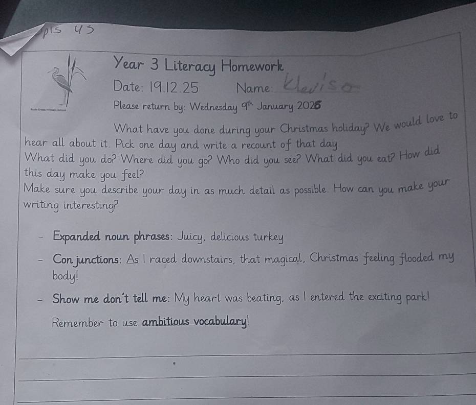 Solved: Year 3 Literacy Homework Date: 19.12.25 Name: _ Please return ...