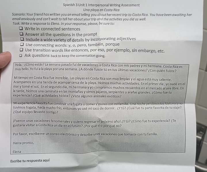 Gelöst:Spanish 3 Unit 1 Interpersonal Writing Assessment Una playa en ...