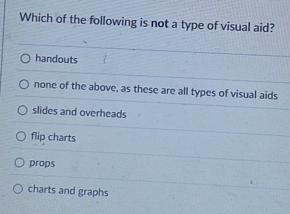Solved: Which of the following is not a type of visual aid? handouts ...