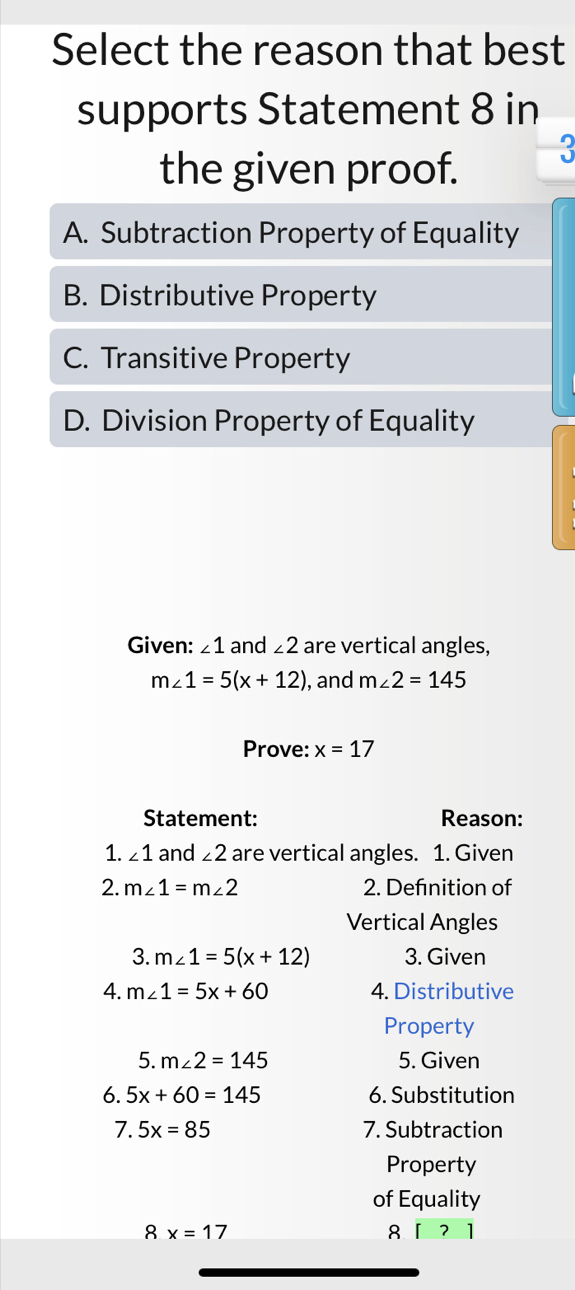 Solved: Select the reason that best supports Statement 8 in the given proof. A. Subtraction ...