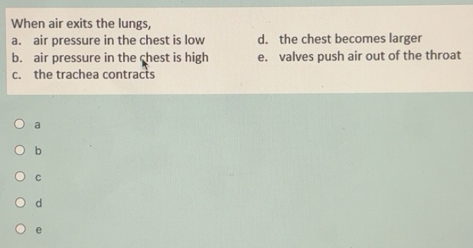Solved: When air exits the lungs, a. air pressure in the chest is low d ...