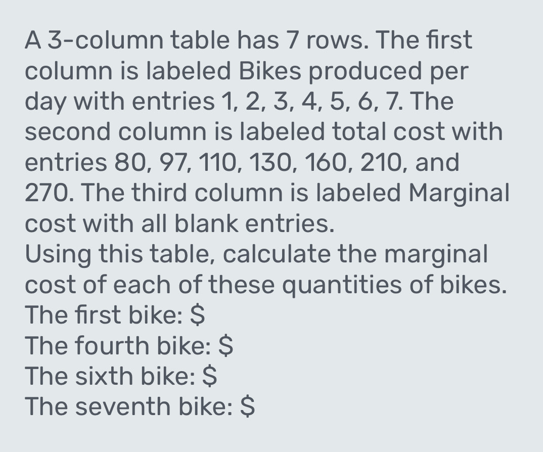 Solved: A 3 -column table has 7 rows. The first column is labeled Bikes produced per day with en ...