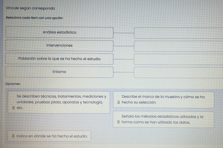 Resuelto:Vincule según corresponda Relaciona cada item con una opción ...