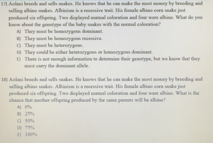 Solved: Aolani breeds and sells snakes. He knows that he can make the ...