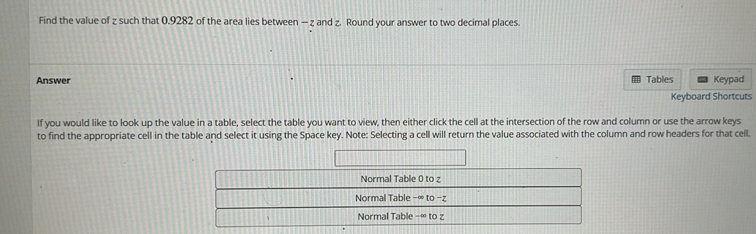 Solved: Find the value of z such that 0.9282 of the area lies between ...