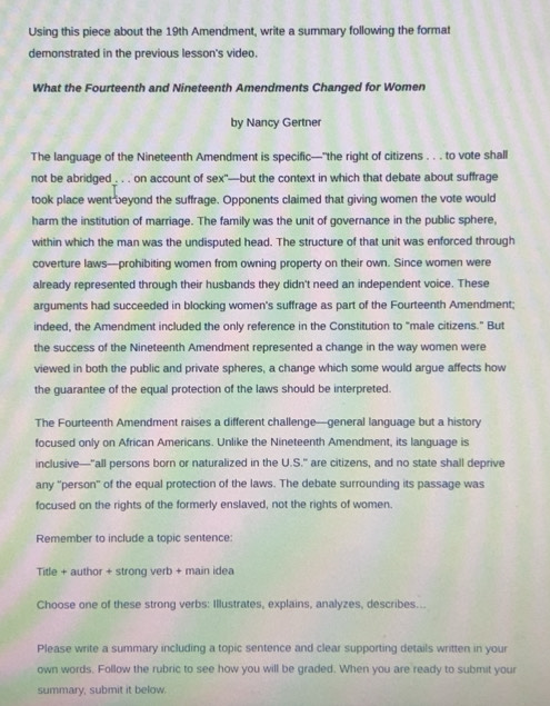 Solved: Using this piece about the 19th Amendment, write a summary ...