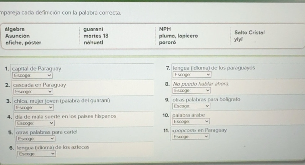 Solved: impareja cada definición con la palabra correcta. álgebra ...