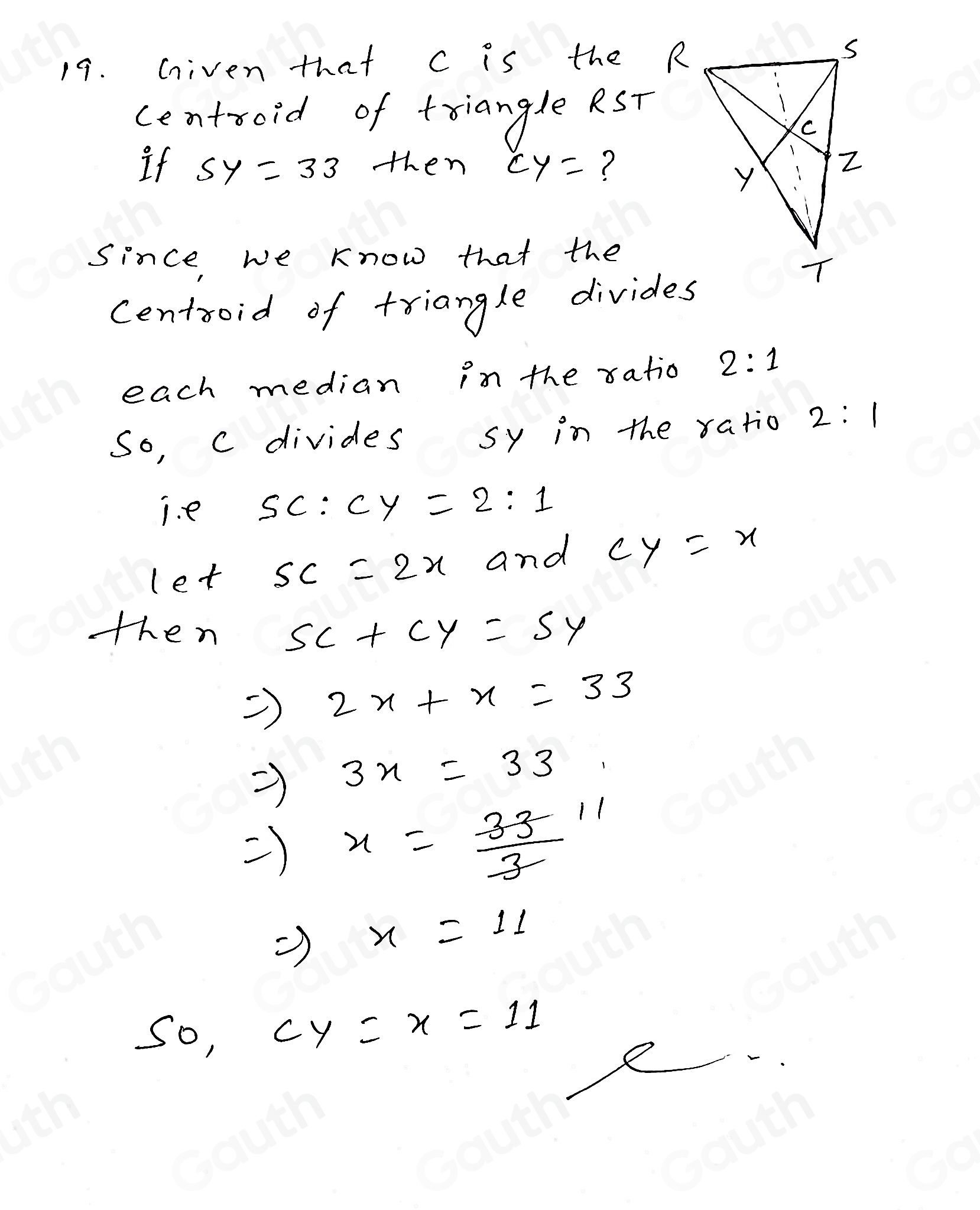 Solved: Given that C is the centroid of triangle RST. Find CY if SY=33 ...