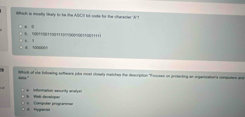 Solved: Which is mostly likely to be the ASCII bit code for the ...