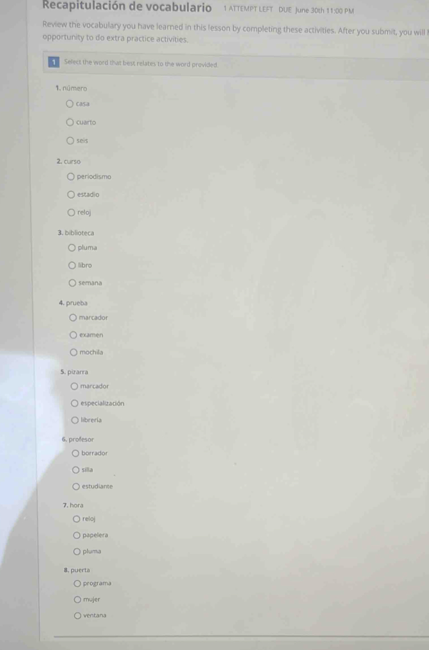 Solved: Recapitulación de vocabulario 1 ATTEMPT LEFT DUE June 30th 11: ...