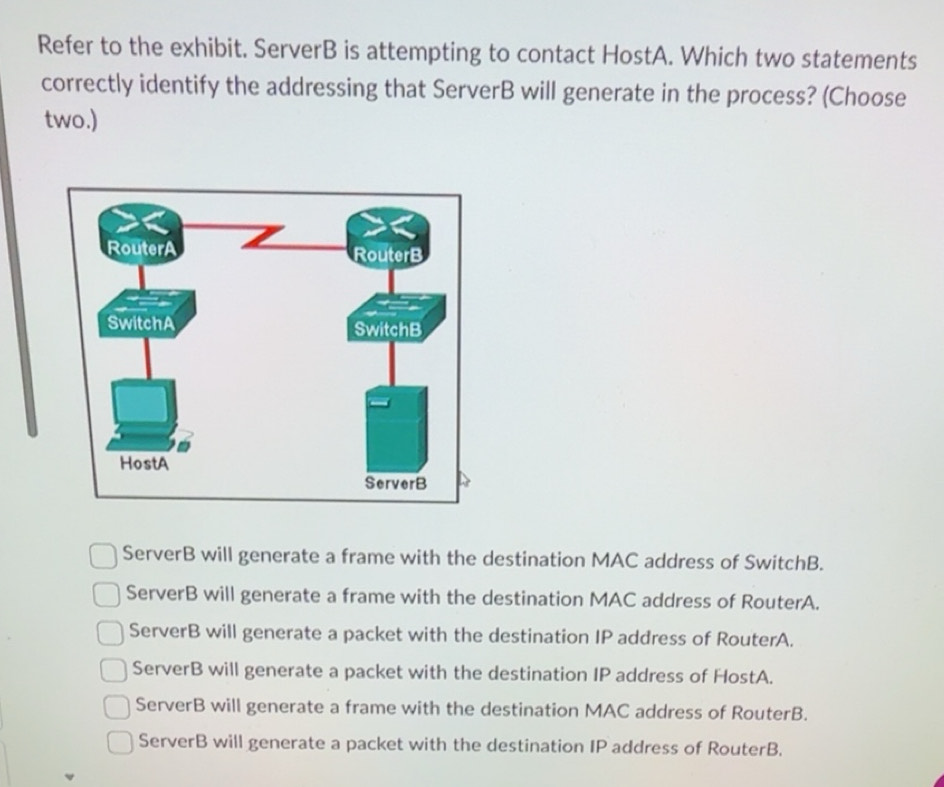 Solved: Refer to the exhibit. ServerB is attempting to contact HostA ...