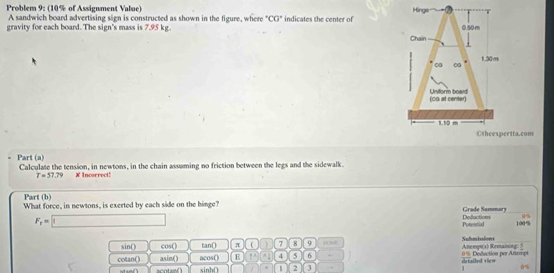 Solved: Problem 9: (10% of Assignment Value) A sandwich board advertising sign is constructed as ...