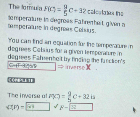 The formula F(C)= 9/5 C+32 calculates the temperature in degrees ...