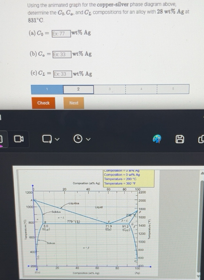 Solved: Using the animated graph for the copper-silver phase diagram ...