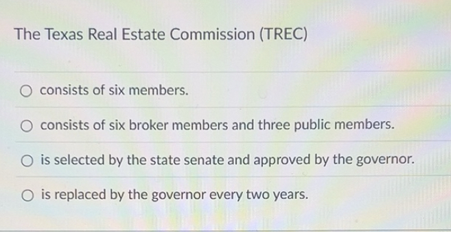 Solved: The Texas Real Estate Commission (TREC) consists of six members. consists of six broker ...